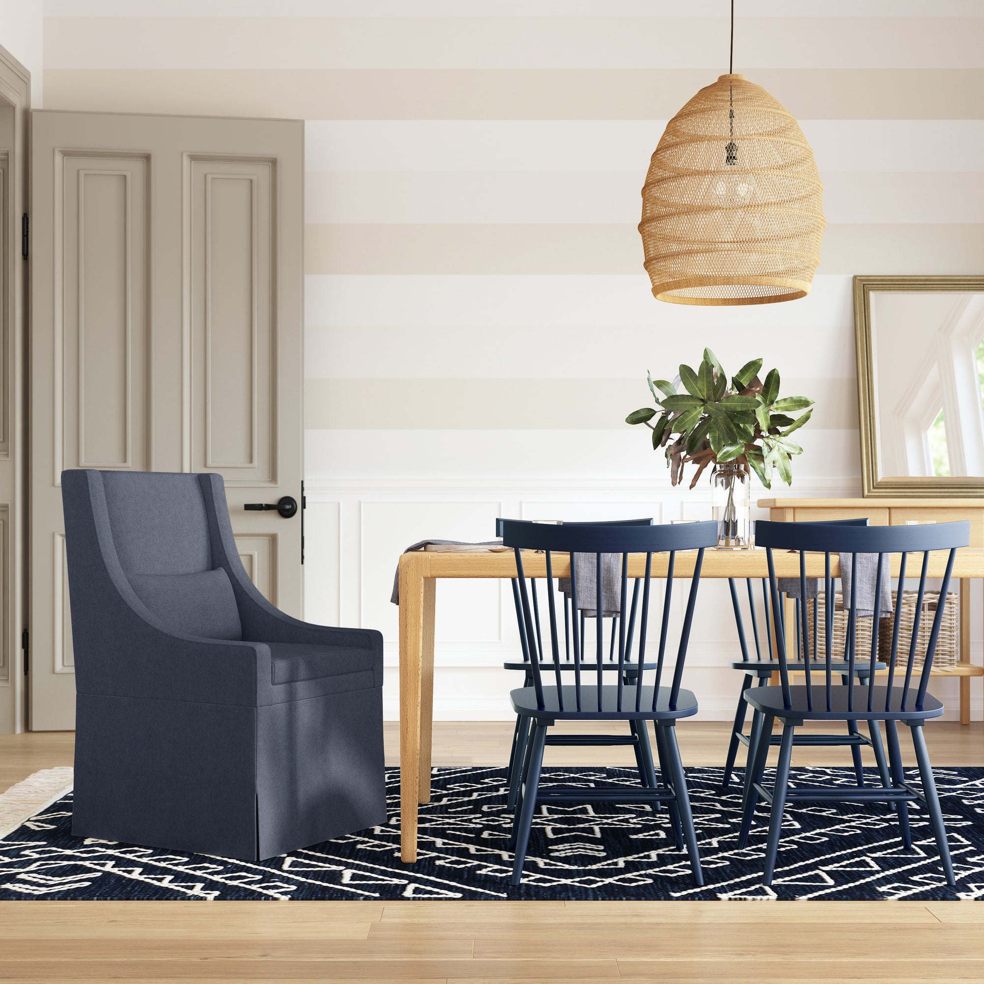 Serena Dining Chair - Blue Print Box Weave Linen - Tandem Arbor